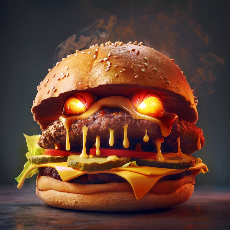 Cheeseburger Monster with Glowing Eyes Stock Illustration ...