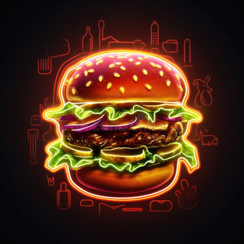 Cheeseburger. Neon Outline Icon with a Light Effect Stock Illustration ...