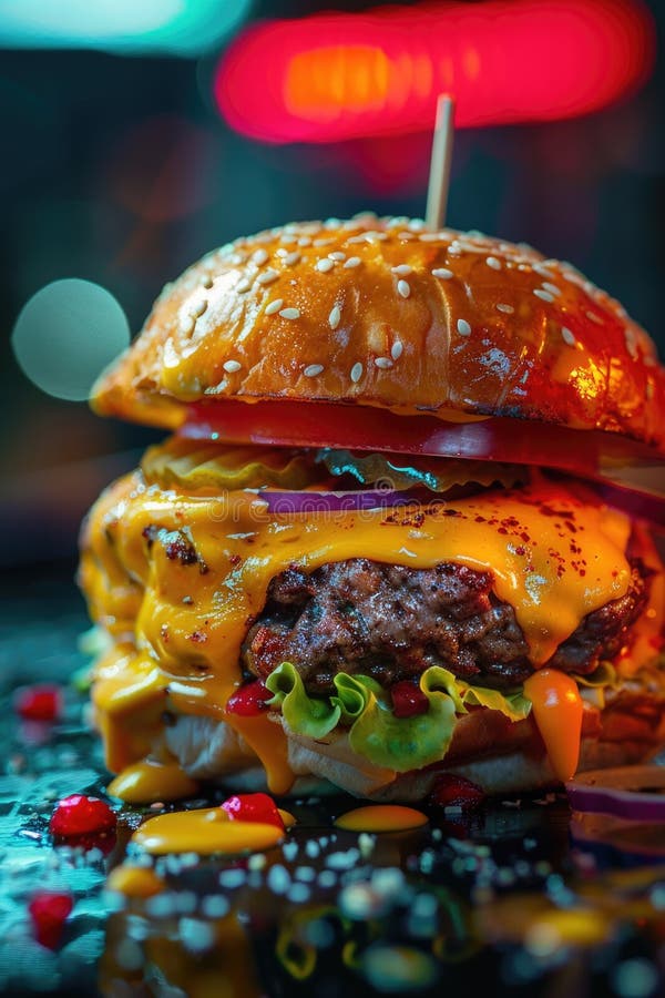 Cheeseburger on Table stock photo. Image of mealtime - 374638632