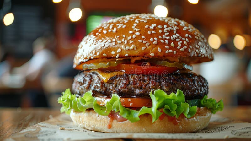 A cheeseburger on a table stock photo. Image of eating - 355866252