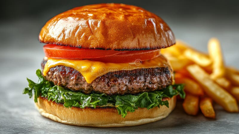 Cheeseburger with Tomato, Cheese, Lettuce, and Fries on the Side. Stock ...