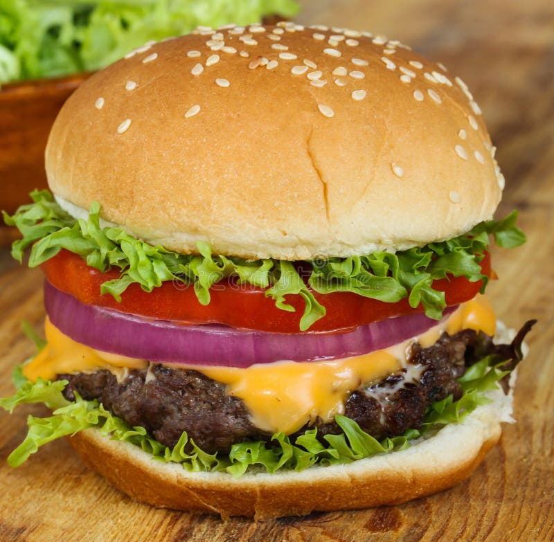 Cheeseburger with Tomato Onion and Lettuce Stock Photo - Image of food ...
