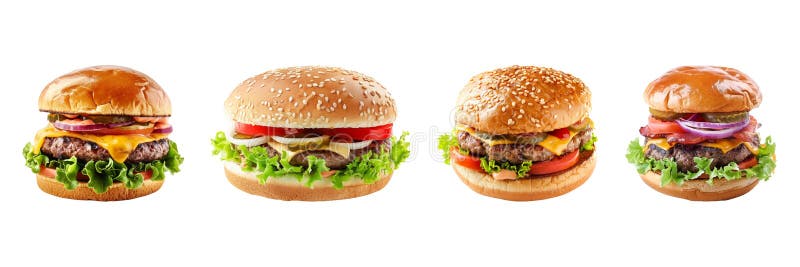 Cheeseburger Variety Set with Lettuce and Tomato Isolated on ...