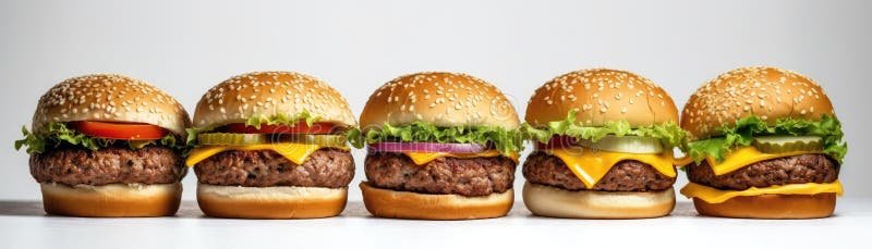 Cheeseburgers Standing on White Background Wide Panoramic. Generative ...
