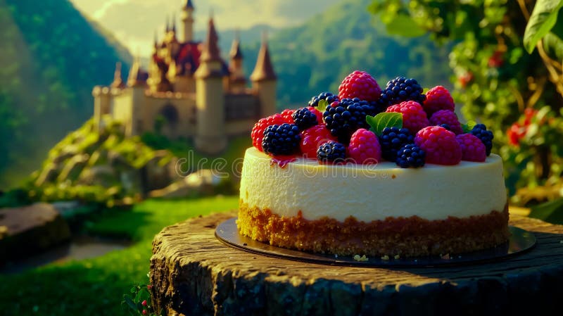 A Cheesecake with Berries on Top of it Sitting on a Tree Stump Stock ...