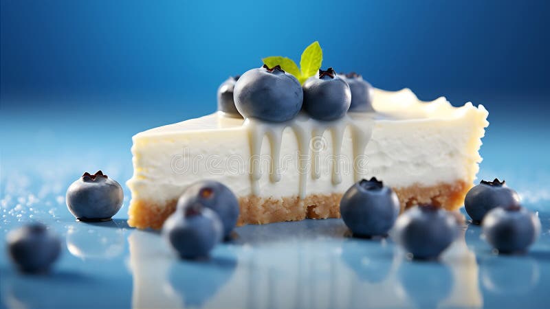 Cheesecake with Blueberries on a Blue Background. AI Generative Stock ...