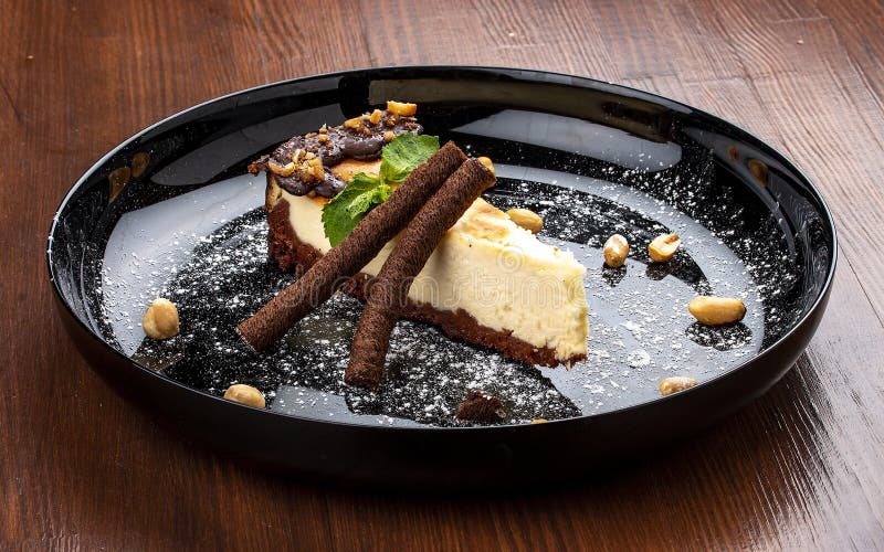 Cheesecake with Nuts and Chocolate Tubes. on a Decorative Plate Stock ...