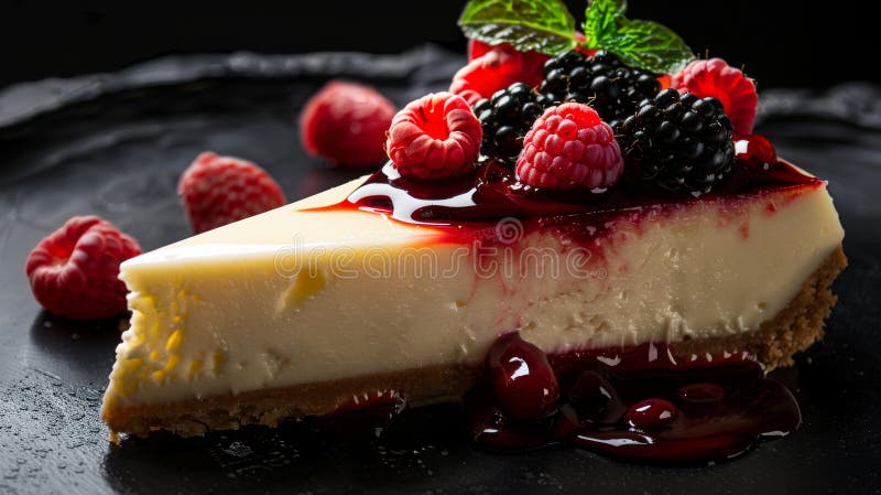 Cheesecake Slice with Berries and Berry Sauce on Dark Plate Stock Photo ...