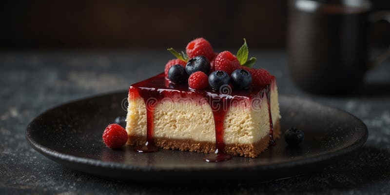 Cheesecake Slice with Berries and Berry Sauce on Dark Plate. Stock ...