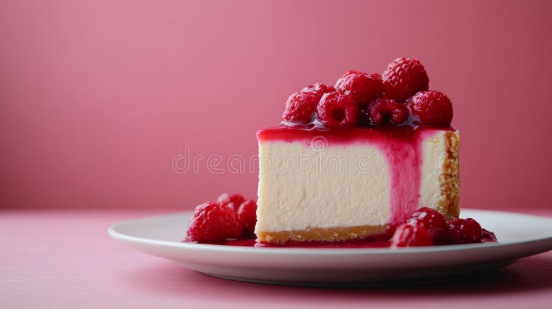 Cheesecake Slice with Raspberries and Sauce on Pink Background. Stock ...