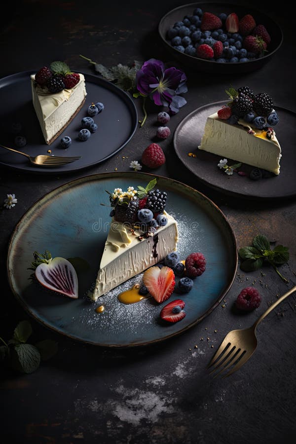 Cheesecake Slices and Berries on Serving Plates. Illustration AI ...