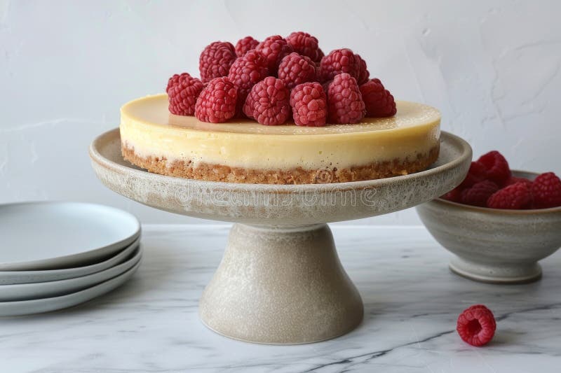 Cheesecake Topped with Fresh Raspberries, Set on a Marble Table ...