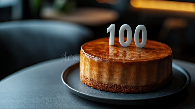Cheesecake with 100 Topper Celebrating a Milestone. Stock Photo - Image ...
