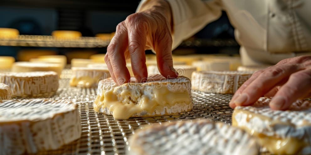 Cheesemaker Checking Soft Cheese Ripening on Metal Grid in Cellar Stock ...