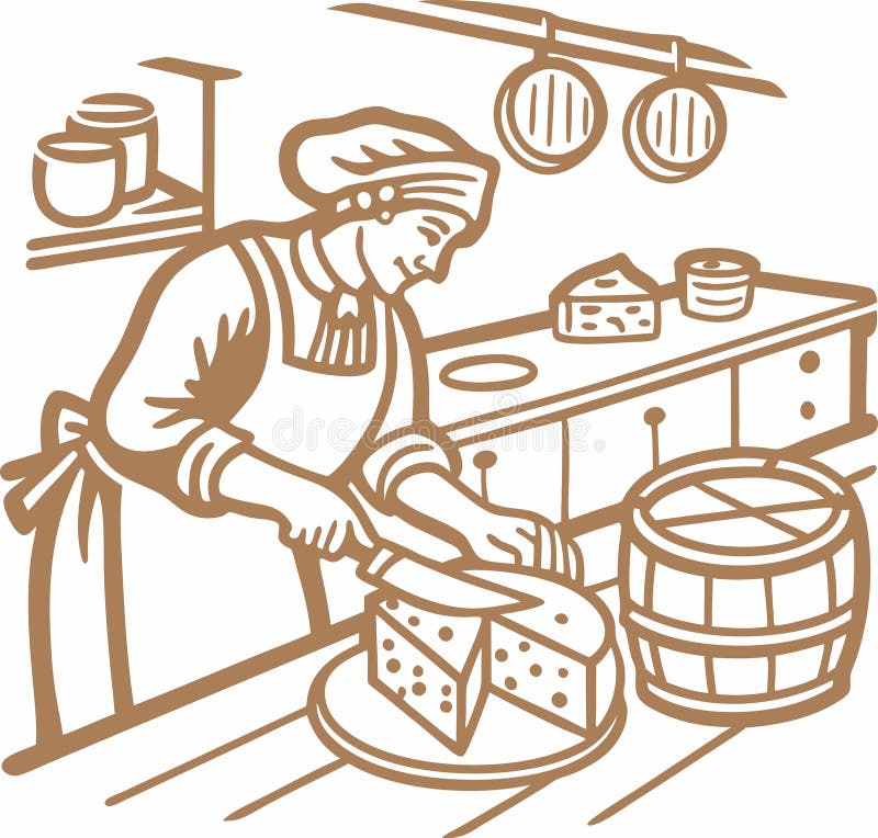 Cheesemaker Cutting Piece of Cheese Knife Black Illustration Vector ...