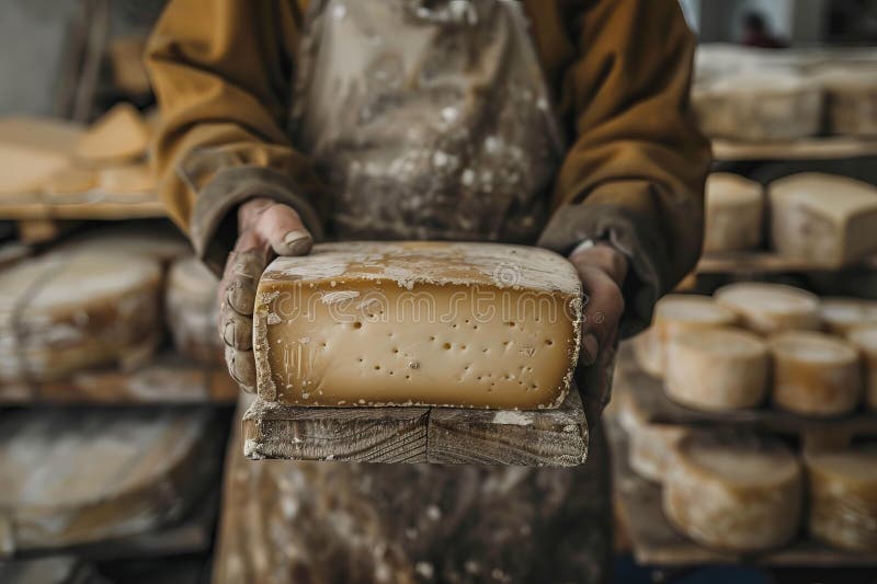 Cheesemaker Holding a Large Piece of Aged Cheese in a Cellar Stock ...