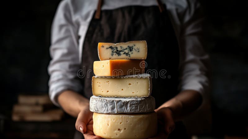 Cheesemaker Holding a Stack of Various Cheeses Stock Photo - Image of ...