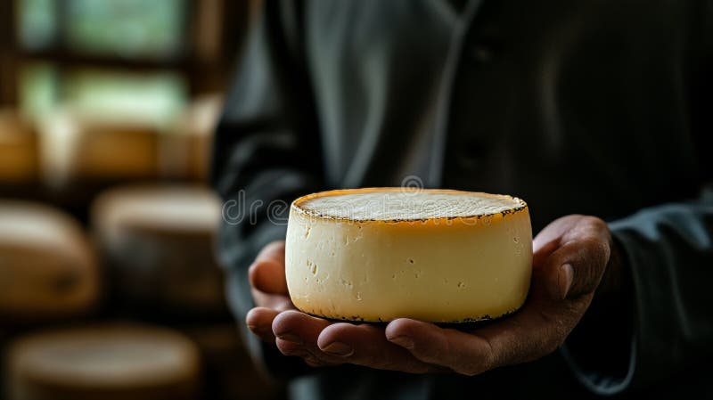 Cheesemaker Holding a Wheel of Fresh Cheese in Hands Stock Illustration ...
