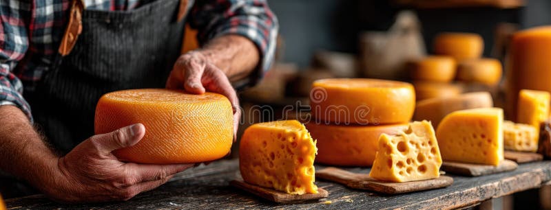 Cheesemaker Skillfully Holds a Large Cheddar Cheese while Surrounded by ...