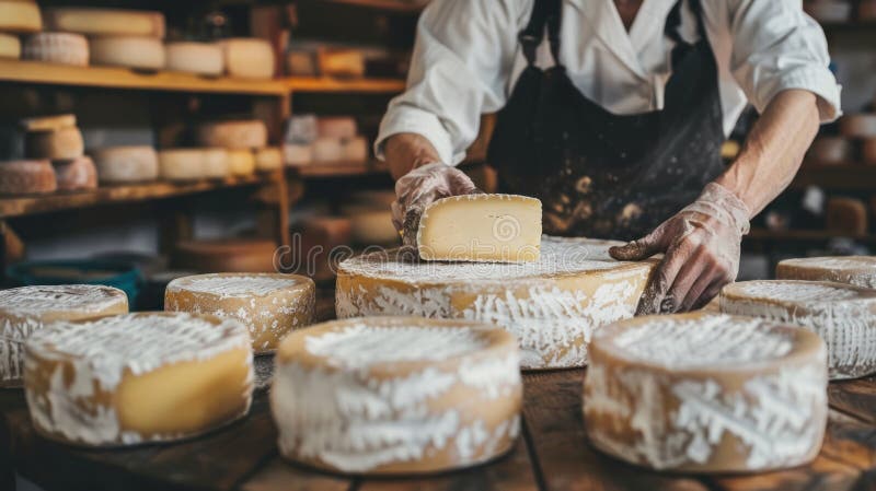 A Cheesemaker in a Traditional Cheese Workshop, Handling Large Rounds ...