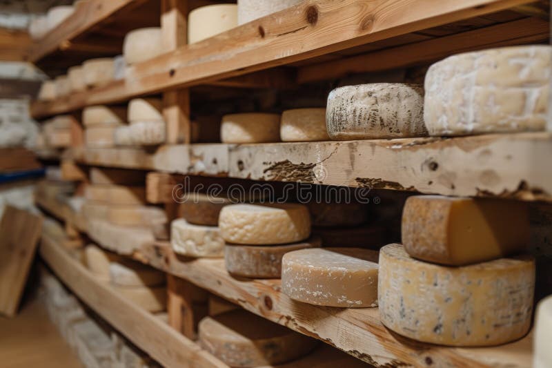 Cheeses Aging on Wooden Shelves in a Rustic Cellar Setting Showcasing ...