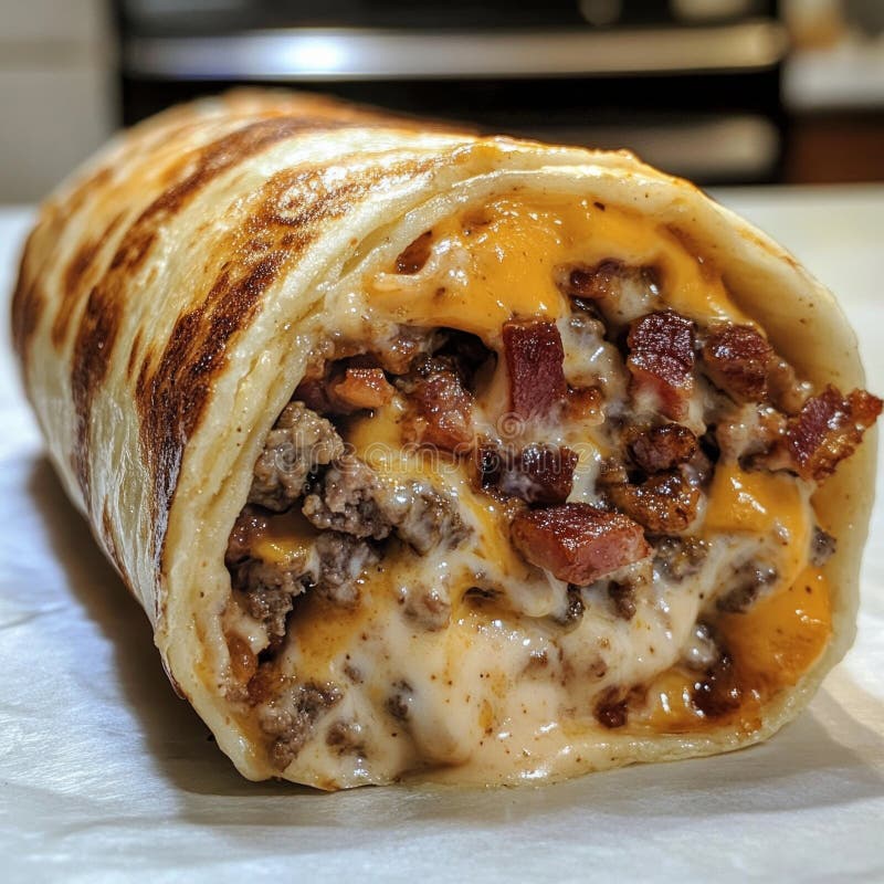 Cheesy Beef Bacon Burrito Wrap with Melted Cheese and Savory Filling ...