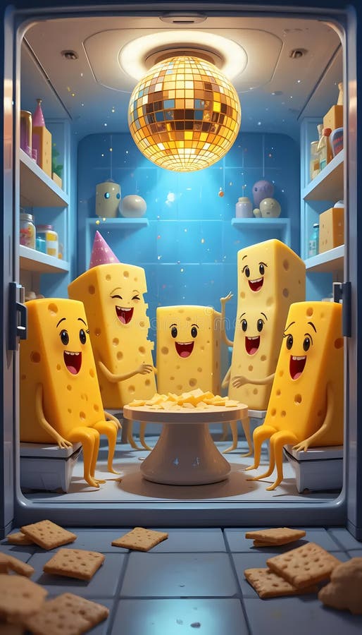 Cheesy Disco Party in the Refrigerator: a 3D Rendered Delight Stock ...