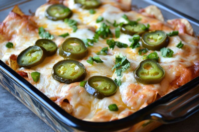Cheesy Enchiladas with Jalapenos and Cilantro in Glass Baking Dish ...