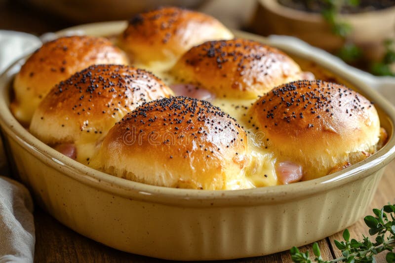 Cheesy Ham and Poppy Seed Sliders in Ceramic Dish Stock Image - Image ...