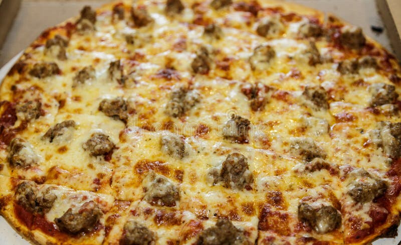 Hot Sausage Pizza in Take Out Box Stock Photo - Image of beef, sliced ...