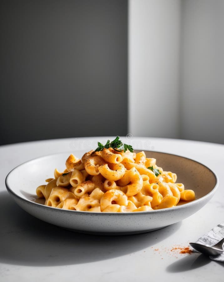 Cheesy Macaroni and Cheese Served on Platter with Garnishes Stock Photo ...