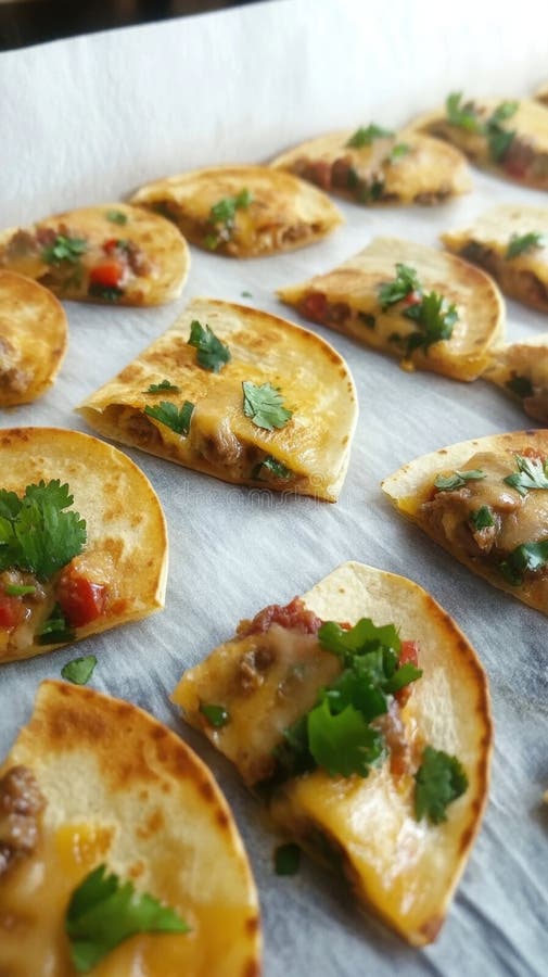 Cheesy Mini Quesadillas with Cilantro and Seasoned Beef on Baking Sheet ...