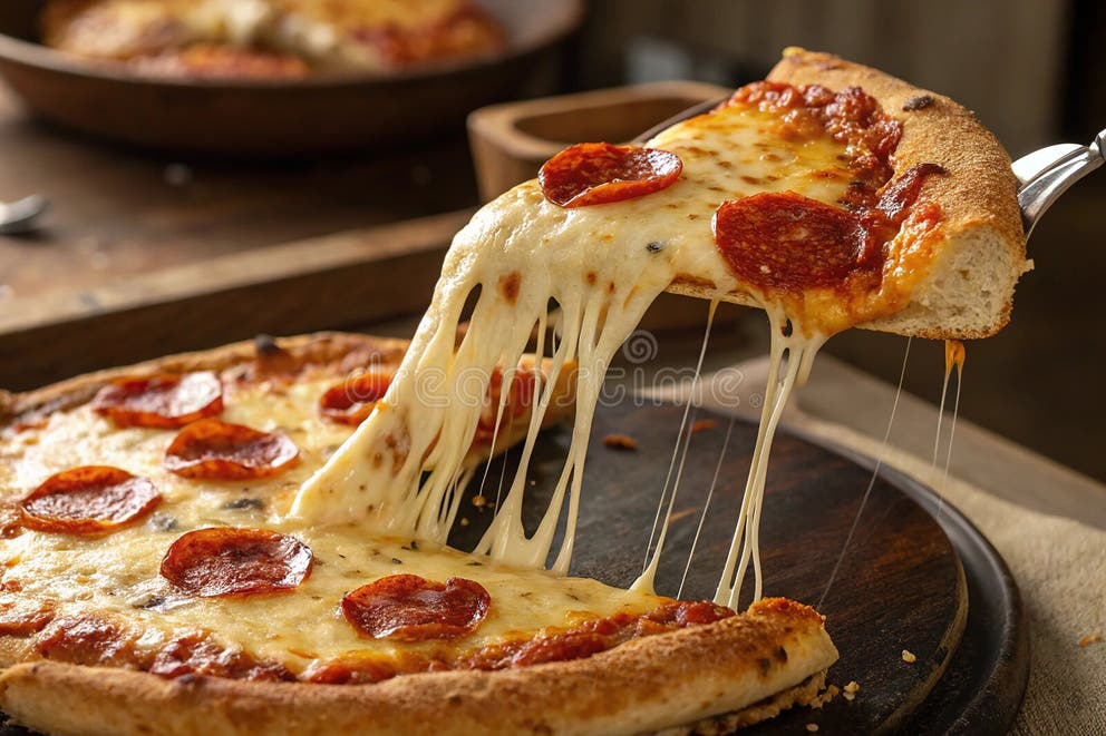 Cheesy Pepperoni Pizza Slice with Gooey Cheese Pull Stock Illustration ...