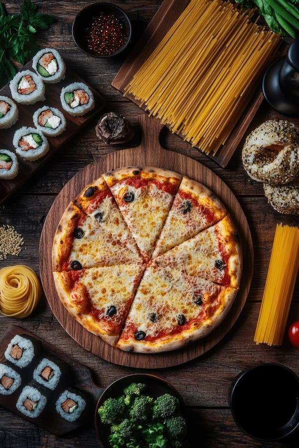 Cheesy Pizza with Sushi Rolls Stock Photo - Image of pepperoni, food ...