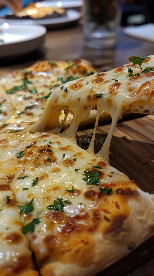 Cheesy Pizza on a Wooden Board with Each Pull of a Slice Creating a ...