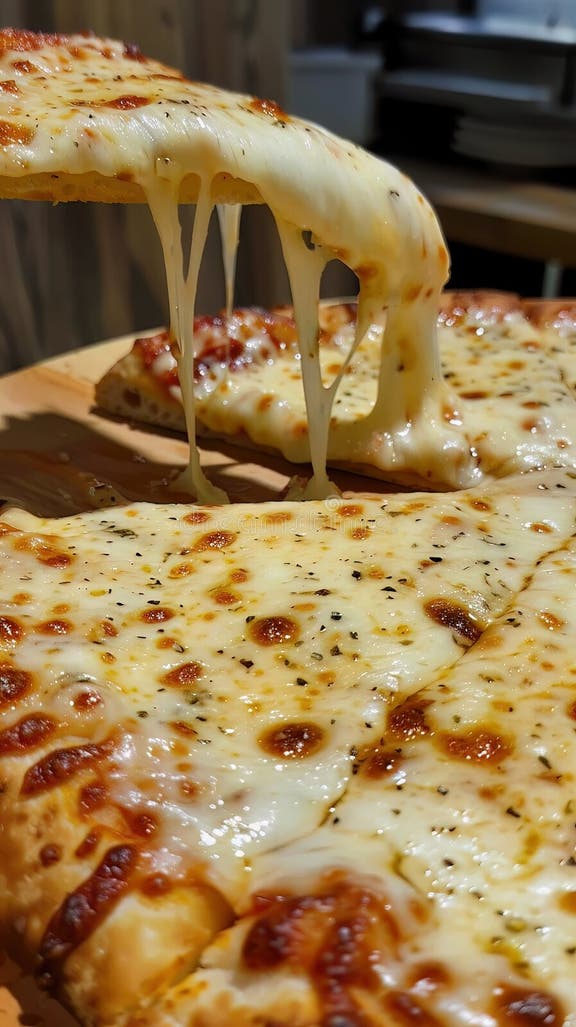 Cheesy Pizza on a Wooden Board with Each Pull of a Slice Creating a ...