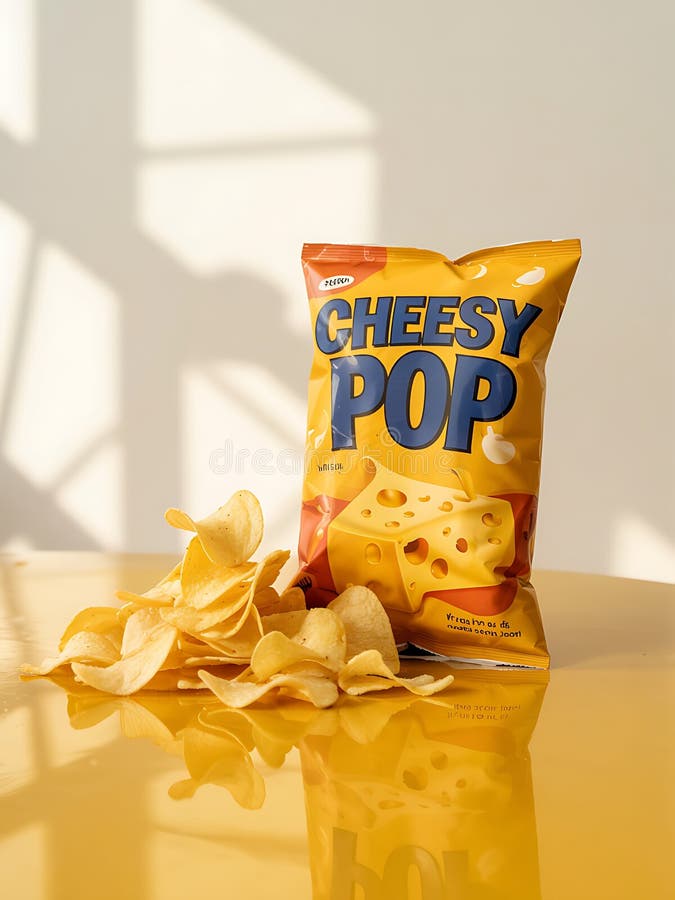 Cheesy Pop Chips Bag with Crispy Chips on Bright Yellow Table with ...