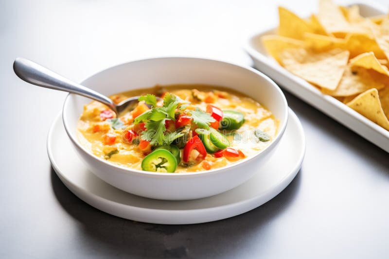 Cheesy Queso Dip in a White Bowl with a Spoon Stock Photo - Image of ...