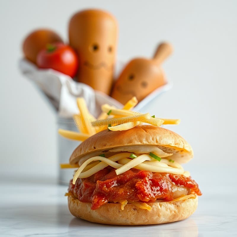 A Cheesy and Saucy Burger with Fries Stock Illustration - Illustration ...