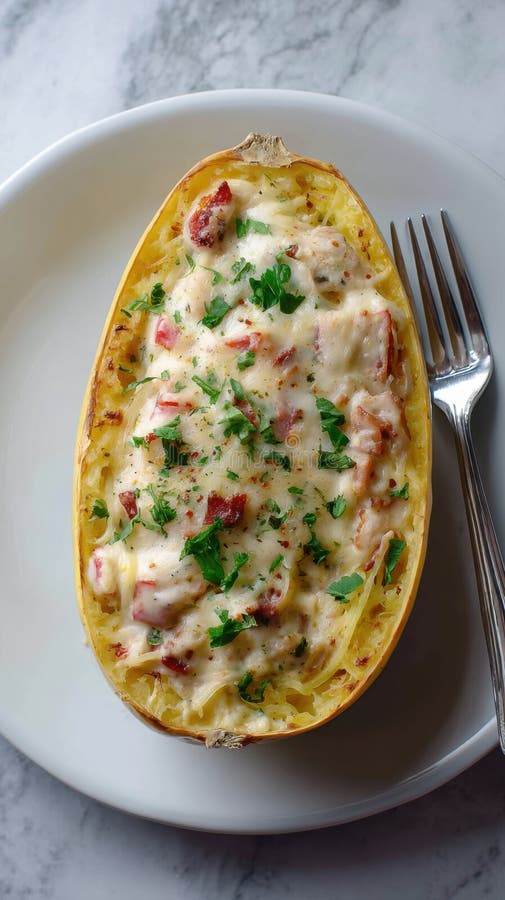 Cheesy Stuffed Spaghetti Squash with Herbs and Bacon on White Plate Stock Illustration ...