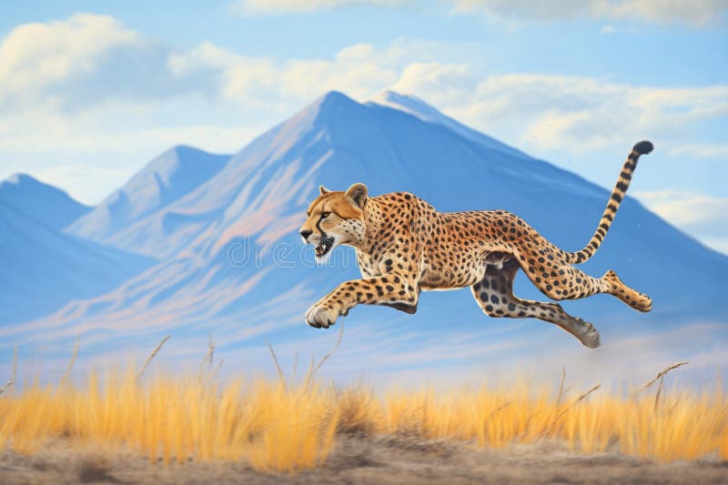 Cheetah Chasing Prey with Mountain Backdrop Stock Image - Image of ...