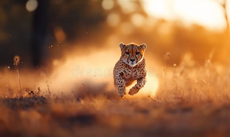 Cheetah Cub Running at Sunset, Dust Flying Stock Illustration ...