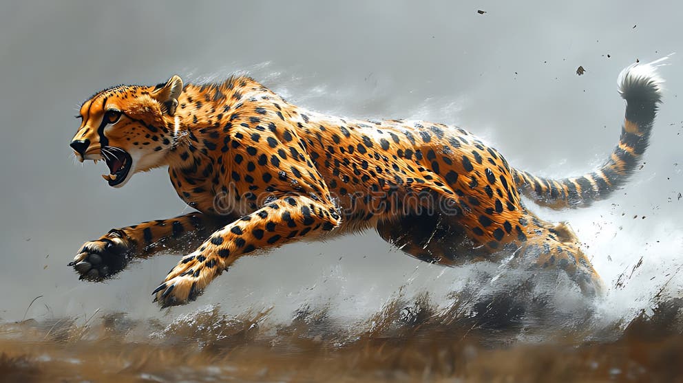 A Cheetah in Full Sprint, Dust Flying, Showing Teeth Stock Illustration ...