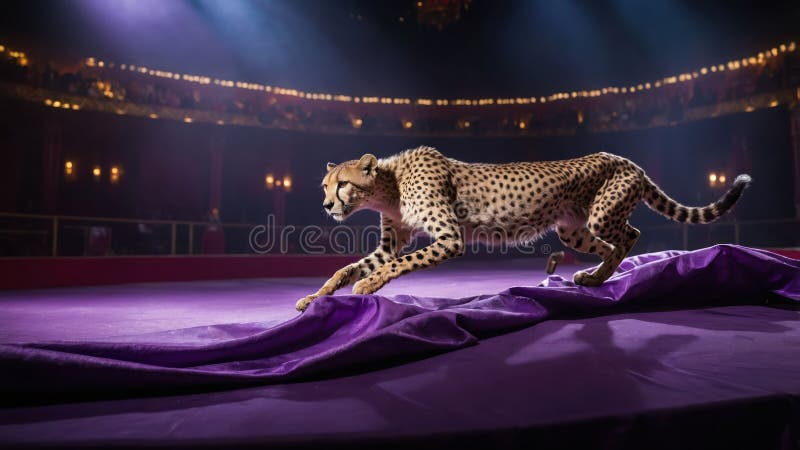 Graceful Cheetah Leaps Across Purple Stage in Circus Arena Stock ...
