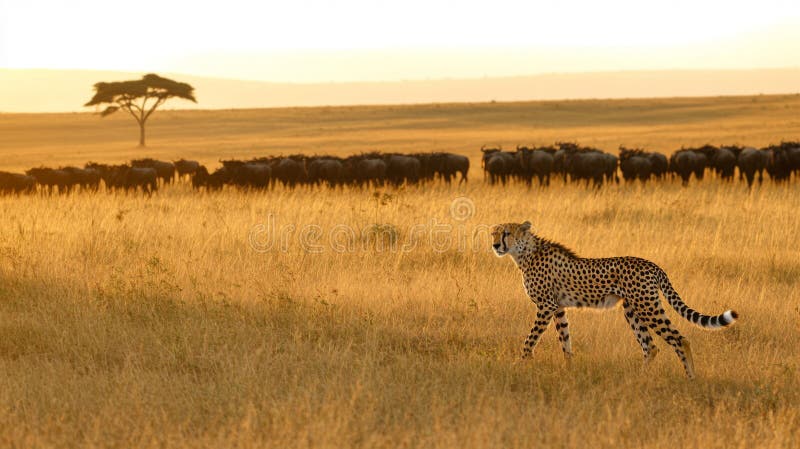 Cheetah Hunting Wildebeest at Sunset in African Savanna Stock ...