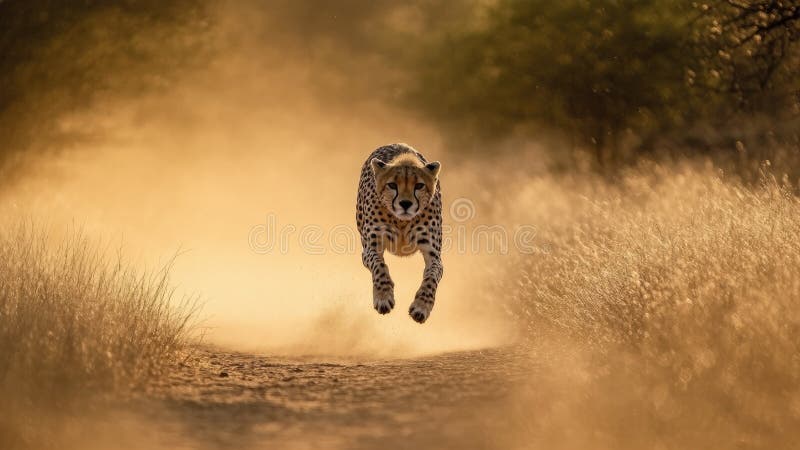 A Cheetah is Running Across a Dusty Path, Bathed in the Warm Light of ...