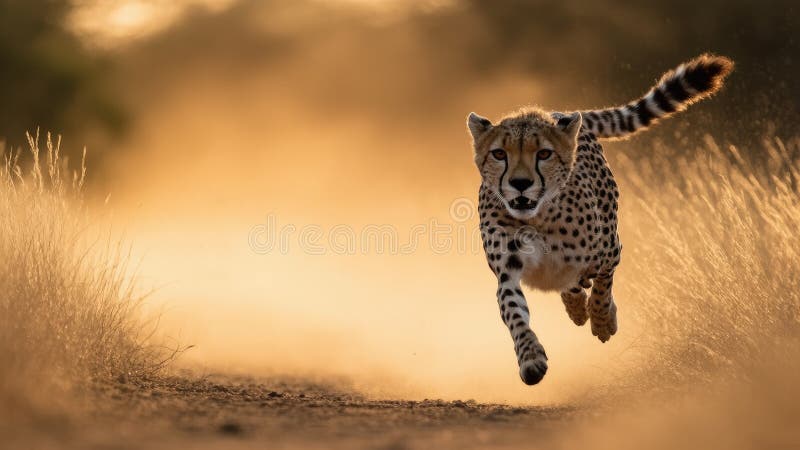 A Cheetah is Running Across a Dusty Path, Bathed in the Warm Light of ...