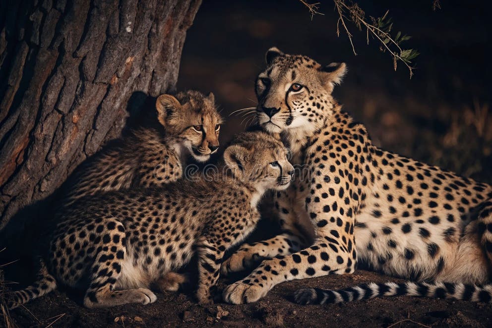 Cheetah Mother and Cubs Resting Under Tree at Night Stock Illustration ...