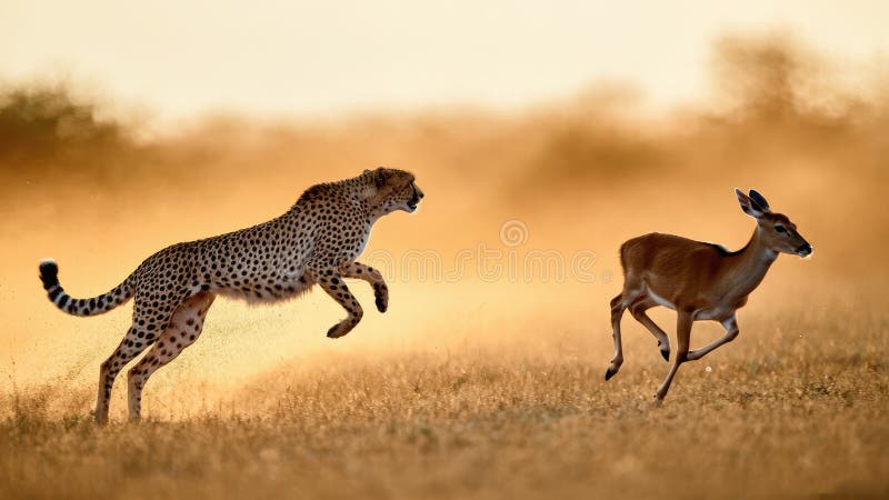 Full Outdoor Shot of a Cheetah and a Deer Running in a Golden-toned ...