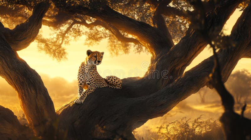 Cheetah Resting on a Tree Branch at Sunset in African Savanna Stock ...